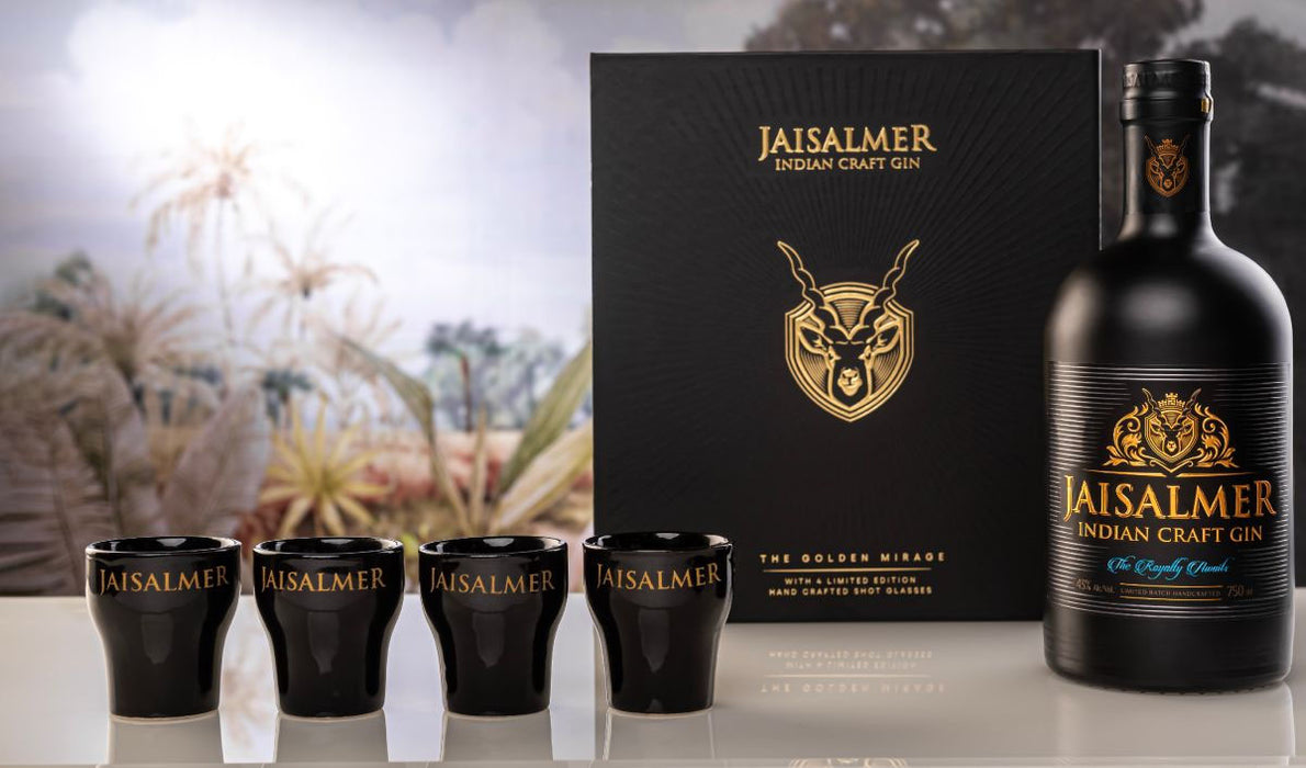 Jaisalmer Gin with 4 Shot Glasses Gift Pack ABV 43% 700ml — The Liquor Shop Singapore